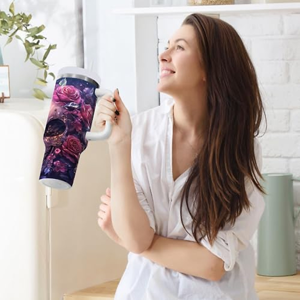 Slewiaeky Tumbler with Handle 40 oz Kawaii Goth Skull Rose Travel Mug with Lid and Straw Stainless Steel Vacuum Insulated Water Bottle Cup for Iced Tea Coffee Cold Beverages Cup Holder Friendly