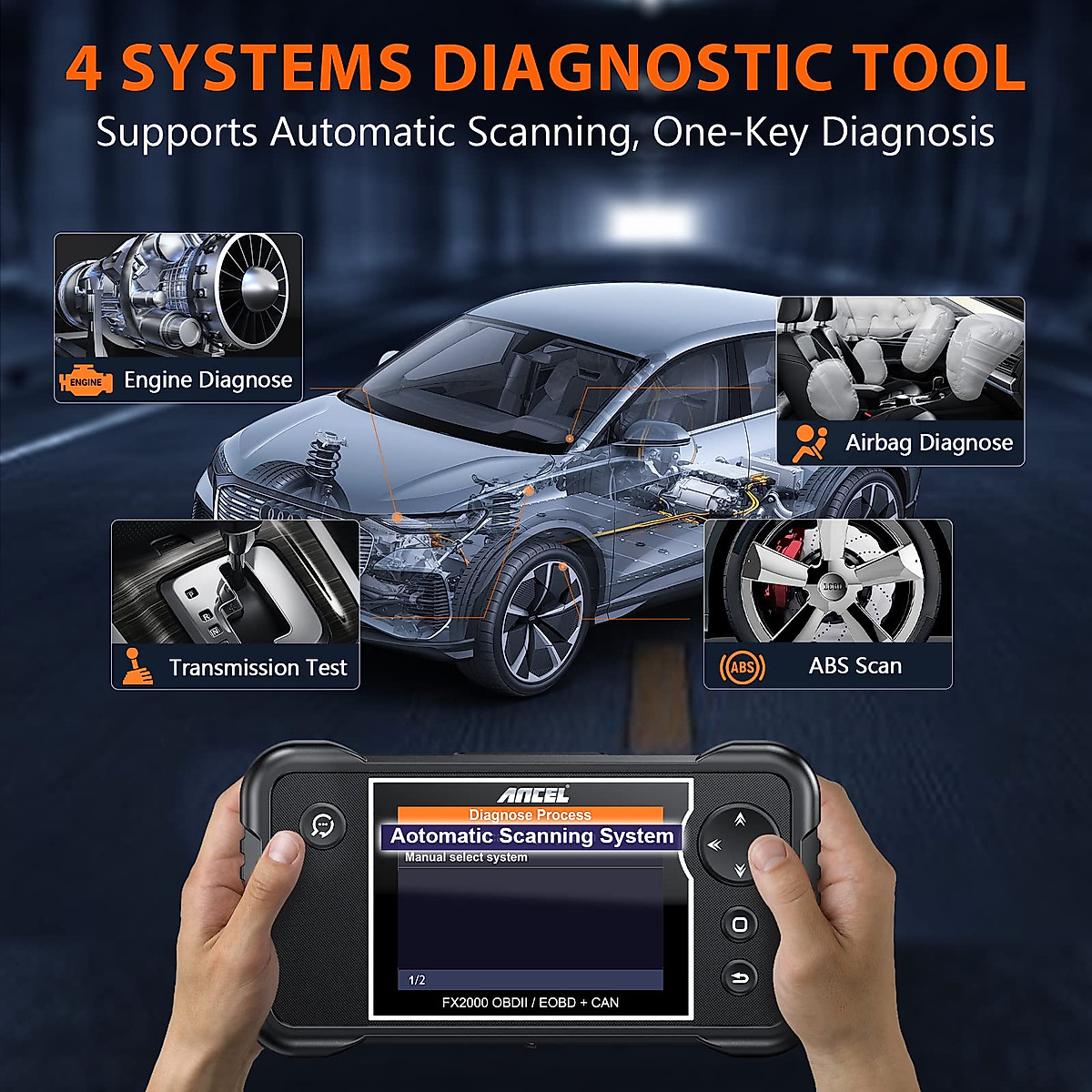 ANCEL FX2000 OBD2 Scanner Diagnostic Tool, ABS SRS Transmission Airbag Car Scanner, Check Engine Car Code Reader, Automotive Scan Tool for All Cars