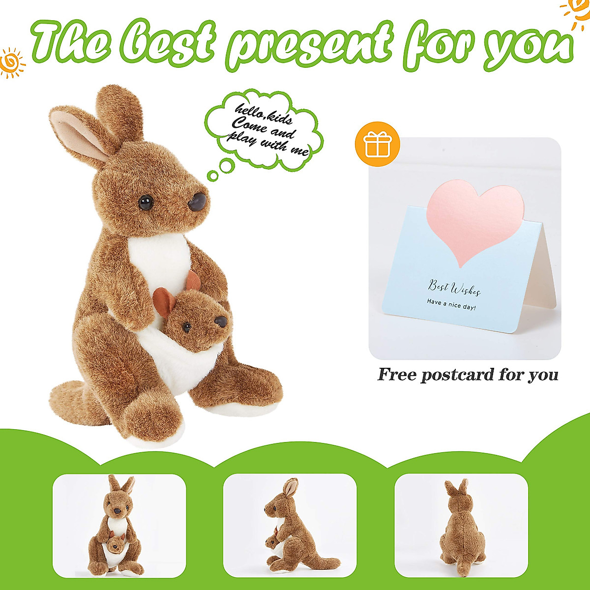CozyWorld Mother's Day Stuffed Animals Kangaroo Cute Kangaroo Plush Toys with Baby in Pouch for Kids Preschool BirthdayThanksgiving for Kids, Brown, 10.5’’