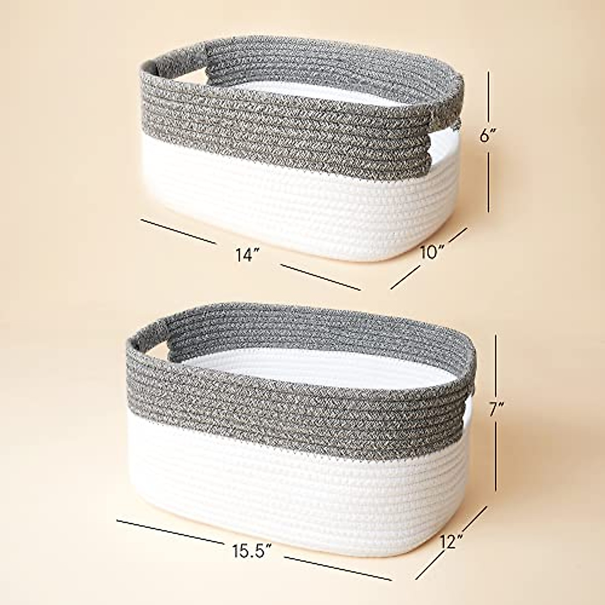 LA JOLIE MUSE Rectangle Cotton Rope Storage Basket Set of 2, Natural and Safe For Baby Kids Nursery, Two-Tone Woven Decorative Baskets, White & Gray