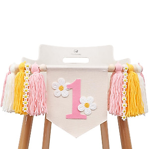 Daisy 1st Birthday Highchair Banner - Pink Yarn Tassel Banner,Girl's Pastel Cake smash Garland,Boho 1st birthday decor,Daisy Theme First Birthday Party Decoration,Pink 1st Birthday Cake Smash Backdrop