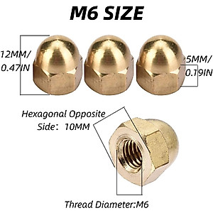 Brass Acorn Nut Kit Dome Head Hex Nuts Set Vehicle Fasteners M3- Fix Tires (M6, 20pcs)