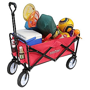 SPEEDFORCE Collapsible Folding Wagon, Utility Beach Wagon Cart, Side Pockets and Adjustable Handlebar, All Terrain Stroller Wagon for Outdoor Activities, Camping, Garden. Red
