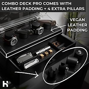 Watch & Pocket Knife Display Case – Switch Up Your Display with the Modular Pillars – Comes with Vegan Leather Padding and 4 Extra Pillars – The Combo Deck Pro – Lifetime Assarance Included
