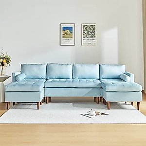 ORRD U-Shape Convertible Sectional Sofa, Modular Sleeper Couch Chaise Modern 6 Seater Velvet Sofa for Living Room, Bedroom, Apartment (Light Blue)