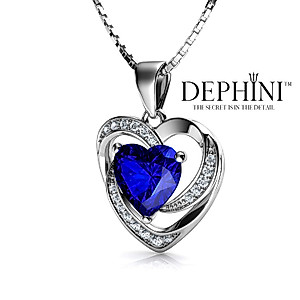 DEPHINI - Blue Heart Necklace - 925 Silver Heart Pendant with White CZ & Blue Birthstone Embellished with Branded Crystal for Women, 18" Sterling Silver Chain + Jewellery Box, Gifts for Women