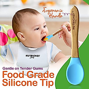 Nutrichef 2 Piece Baby & Toddler Spoon Set, All Natural Wooden Spoon Set w/Soft Curved Food Grade Silicone Head, Self-Feeding Utensils, BPA Free, Toddler & Child Tableware for ages 4 months- 6 years