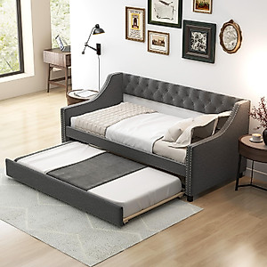 Giantex Upholstered Twin Daybed with Trundle, Modern Trundle Bed with Button Tufted Backrest and Wooden Slat Support, Twin Size Day Bed for Living Room Guest Room, No Box Spring Needed, Grey