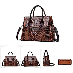 Women Satchel Handbags Top-Handle Bags fuax Leather Embossed Crocodile pattern shoulder bag, Brown, Large