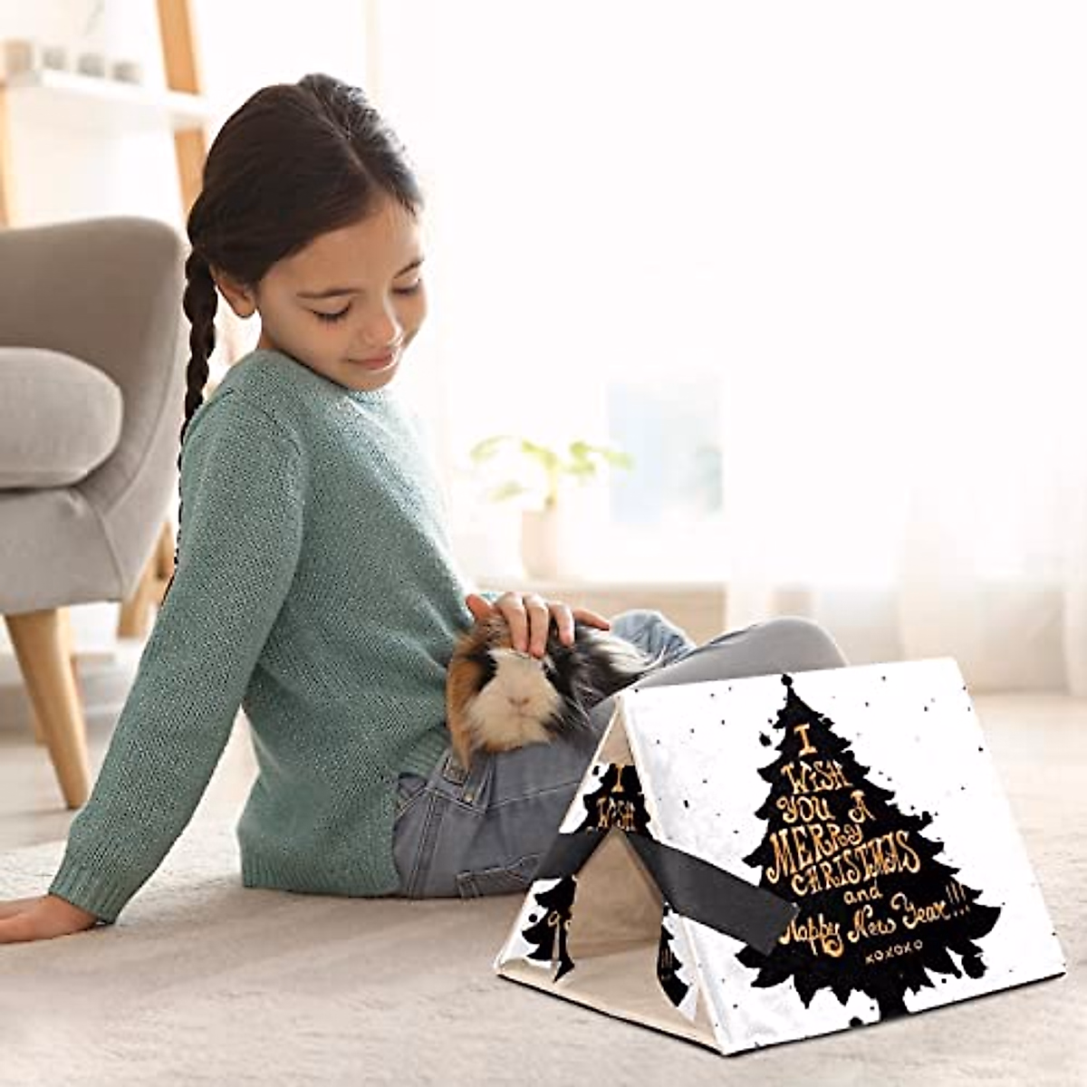 Y-DSIWX Guinea Pig Hideout Cozy Hamster House Cave for Bunny Chinchilla Hedgehog Small Animal Aesthetic Black Merry Chrismas Tree