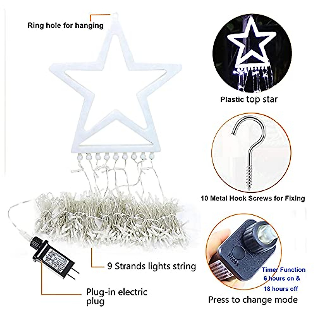 Okura (New) Cerflyer Christmas Decoration Outdoor Star String Lights, 320 LED Christmas Tree Topper Lights with 14" Lighted Star for Halloween Christmas New Year Holiday Garden Yard (White)