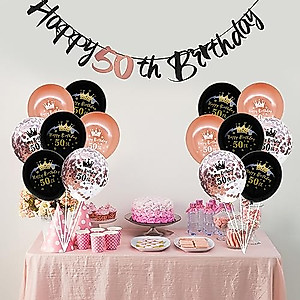 Happy 50th Birthday Banner Black Rosegold, 16 PCS 50th Birthday Decorations Kit with Happy 50th Birthday Banner Bunting 12 Inch Latex Confetti Balloons for Women 50th Birthday Party Decorations