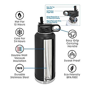 Polar Camel Personalized Water Bottles 40oz with Flip-Top Lid and Straw,Vacuum Insulated Flask, Stainless Steel Sports Double Wall Thermos, Your Logo Name Text Engraved in USA (Black, 40 oz.)
