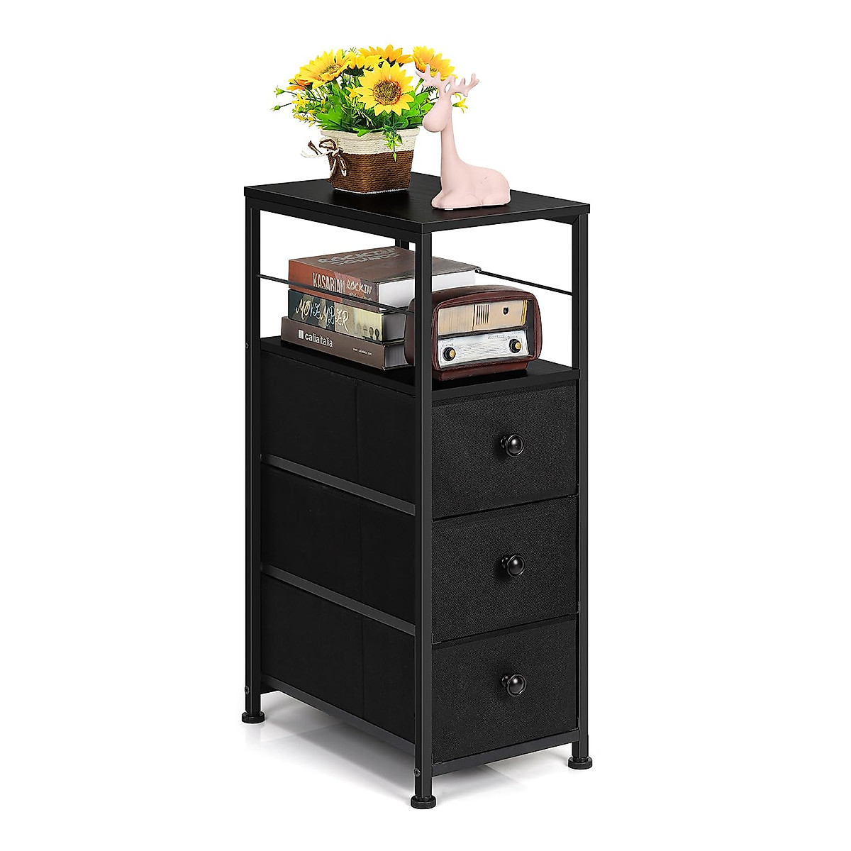 MOOACE Narrow Dresser for Bathroom, Slim Dresser Storage Cabinet, Chest of 3 Fabric Drawers with Wood Shelf, Bedroom Organizer Tower for Small Space, Closet, Laundry, Black