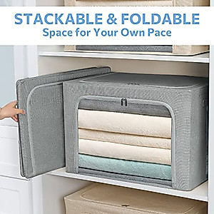 Clothes Storage Bins Box - Linen Fabric Foldable Stackable Container Organizer Set with Clear Window & Carry Handles & Metal Frame - 2Pack Large Capacity for Bedding, Blankets, Toys, Books (Light Grey, Medium-36L)