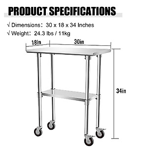 KODOM Food Prep Stainless Steel Table 30" x 18", Heavy Duty Workbench with Adjustable Under Shelf, Commercial Worktable with 4 Casters for Commerical Kitchen, Restaurant, Home and Hotel