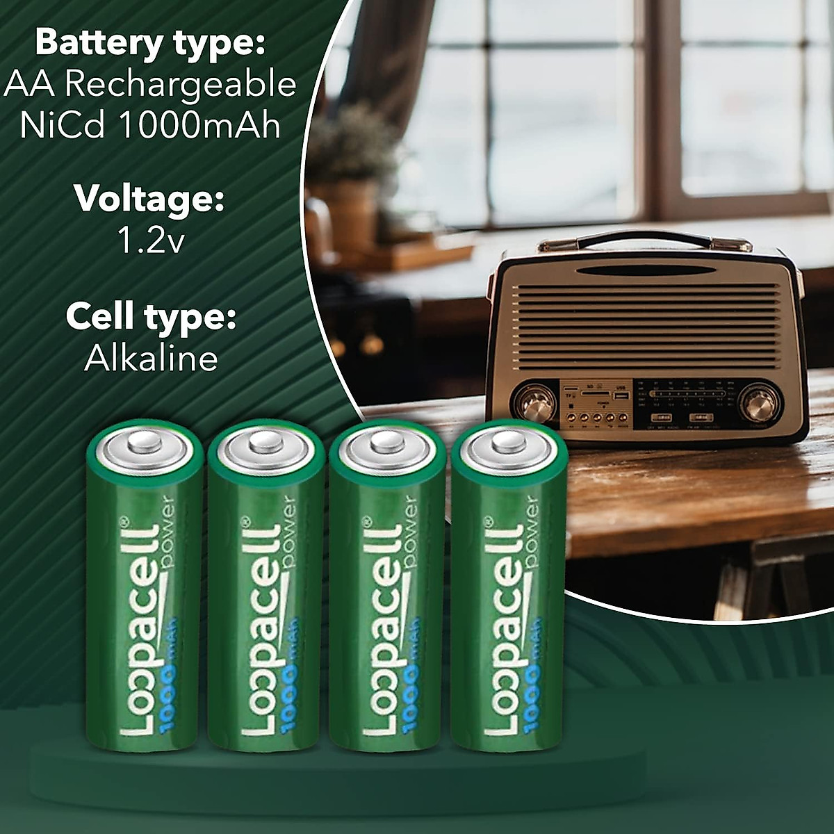 LOOPACELL 4 AA Rechargeable NiCD Battery, 1.2V 1000mAh High Capacity AA Batteries