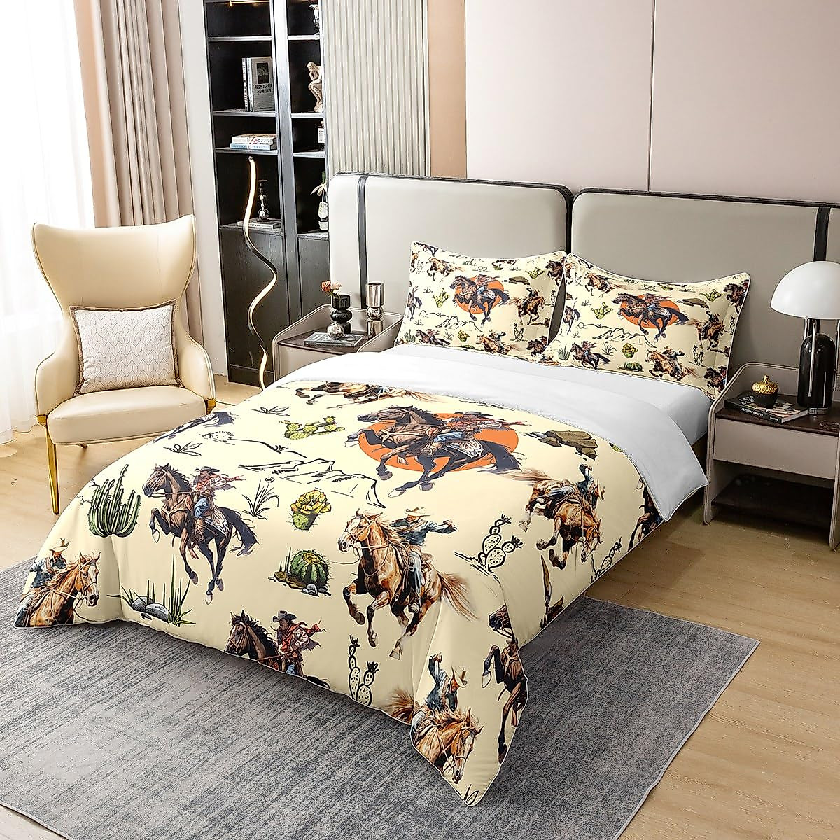 Western Adventure 100% Nature Cotton Duvet Cover Twin,Watercolor Cowboy Horse Farmhouse Style Super Soft Bedding Set,Southwest Desert Cactus Plants Comforter Cover Bedding 2 Piece (No Comforter)