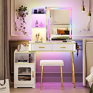 FREDEES Vanity Makeup Table with Mirror: Dressing Table with Lights & Drawers for Girls/Women - Simple Assembly Makeup Vanity Desk with 3 in 1 Charging Station for Bedroom Furniture, White