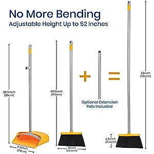 TrueYee Broom and Dustpan Set for Home, 52" Stand Up Dust Pans with Long Handle, Extendable Broom with Dustpan Combo Set, Indoor Broom Long Handle Dust Pan for Lobby Office Kitchen