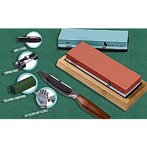 Parichan’ Professional Knife Sharpening Stone Kit – Premium 4 Grit 400/1000/3000/8000 Whetstone with Flattening Stone, Cut Resistant Glove, Bamboo Base, Fixed Angle, Angle Guide, Leather Belt