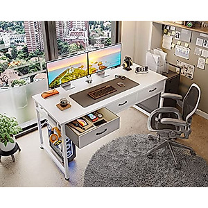 ODK 55 Inch Computer Desk with 3 Fabric Drawer, Home Office Desk Modern Work Writing Study Desk, White