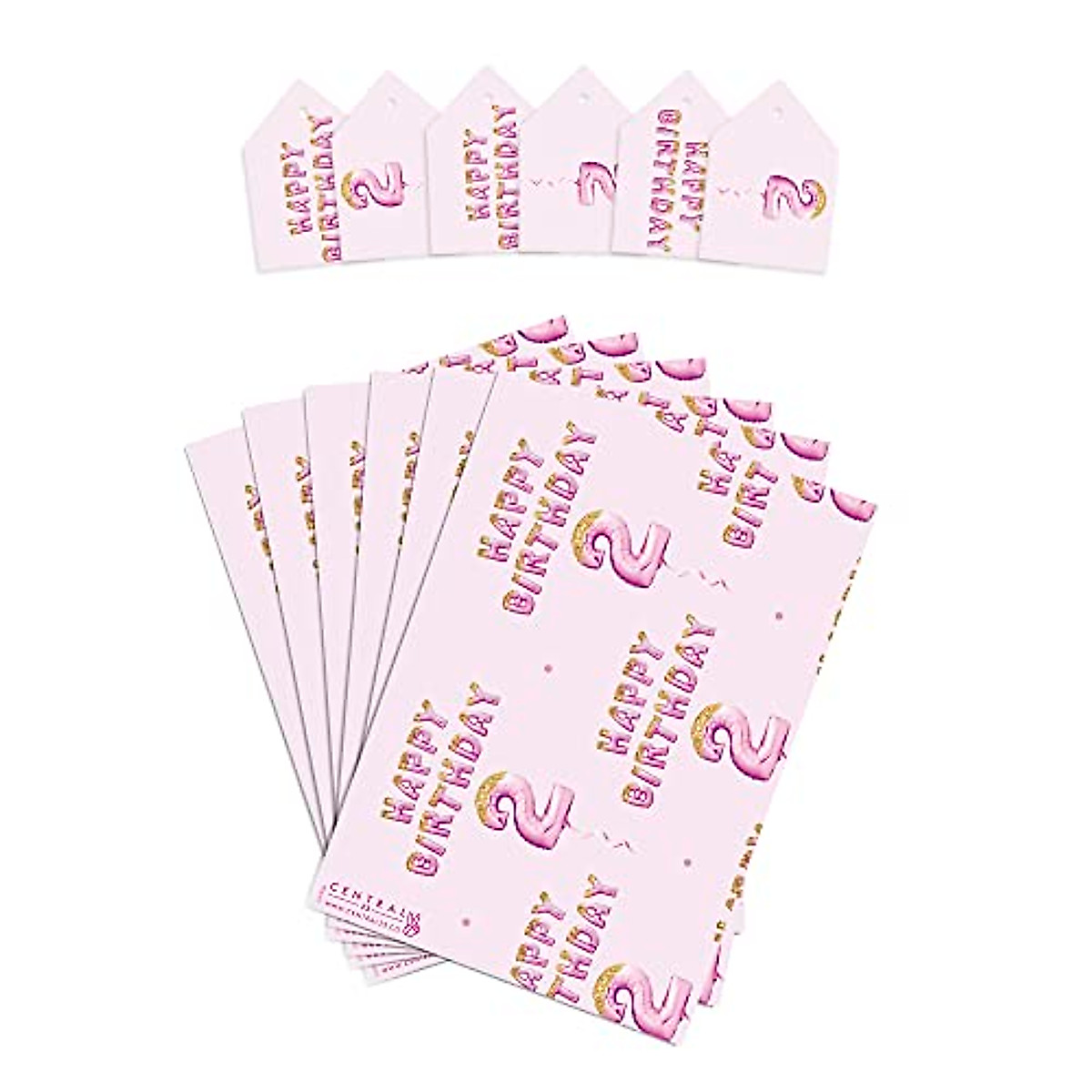 CENTRAL 23 Pink Wrapping Paper - 6 Sheets Wrapping Paper for Girls - 2 Years Old - Happy Birthday Wrapping Paper - Age Two - Comes With Stickers - Recyclable