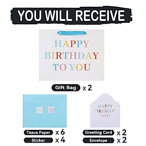 2 Pack 13” Large White Happy Birthday Gift Bags Set with Handles, Greeting Card, Tissue Papers and Stickers for Girls Boys Kids Women Men Party, Reusable Design, 2 Pcs