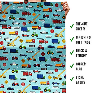 CENTRAL 23 Wrapping Paper for Boys - 6 Sheets of Birthday Gift Wrap - Police Cars Trucks and Tractors - For Kids - Children - Matte - Recyclable