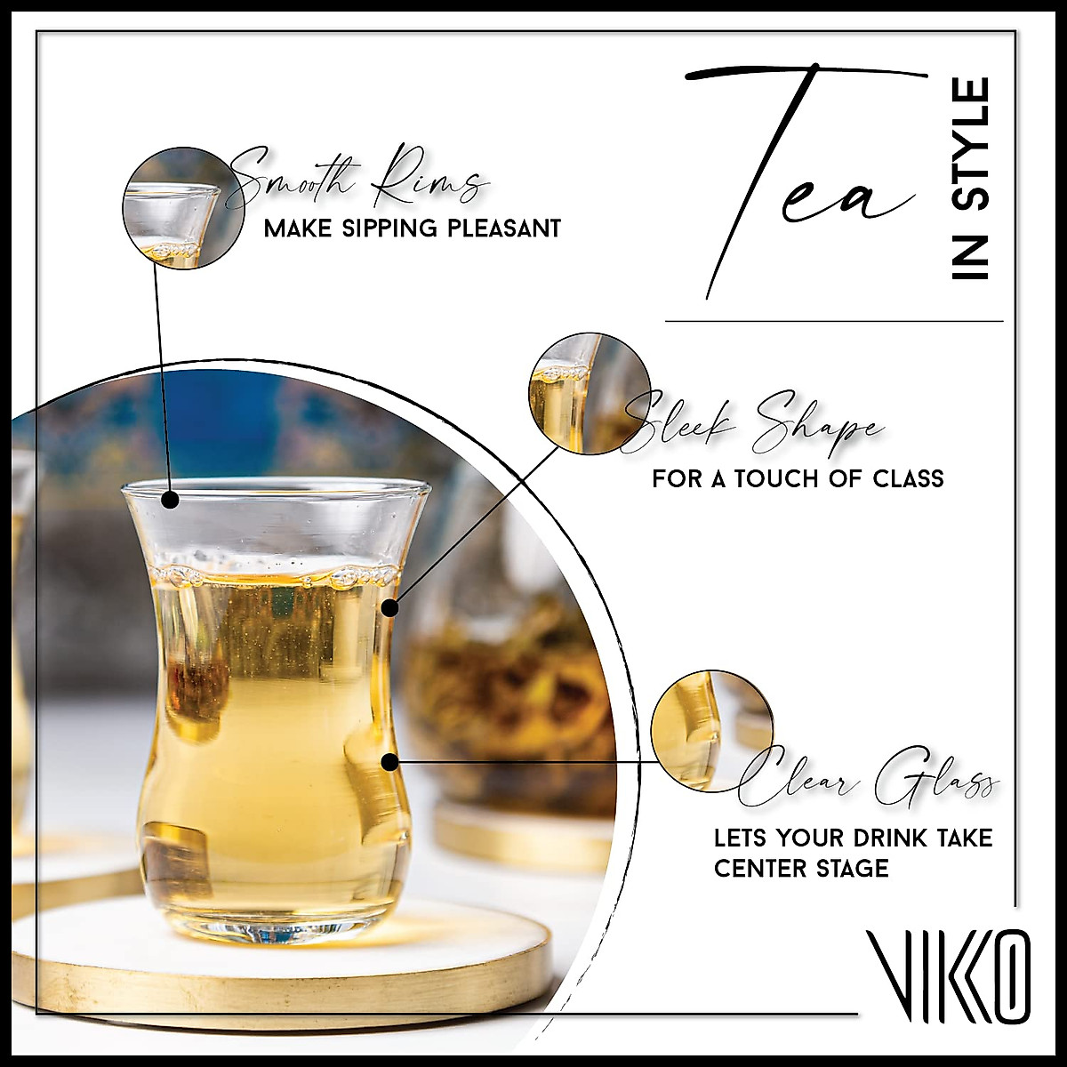 Vikko Teacups, Turkish Tea Glasses, Set of 12 Authentic Turkish Tea Cups, 4 Ounce Tea Glass