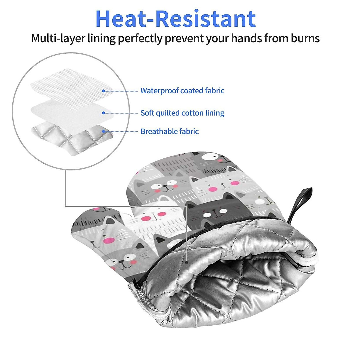 Ouqiuwa Hipster Cartoon Cute Cat Kitten Gray Oven Mitt/Glove for Easy Gripping Set of 2 Kitchen Accessories