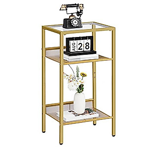 HOOBRO Tall End Table, Tempered Glass Telephone Table with Mesh Shelf, 3-Tier High and Narrow Side Table for Small Space, Sofa, Living Room, Bedroom, Easy Assembly, Modern Style, Gold GD04DH01