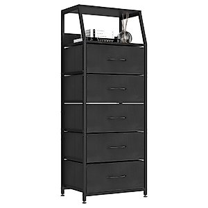 OGEMXU 5 Drawers Dresser for Bedroom, Nightstand with Drawers, Tall Dresser with Fabric Drawers, 2-Tier Wood Top Storage and Organization, Chest of Drawer for Small Space, Bedroom, Apartment, Black
