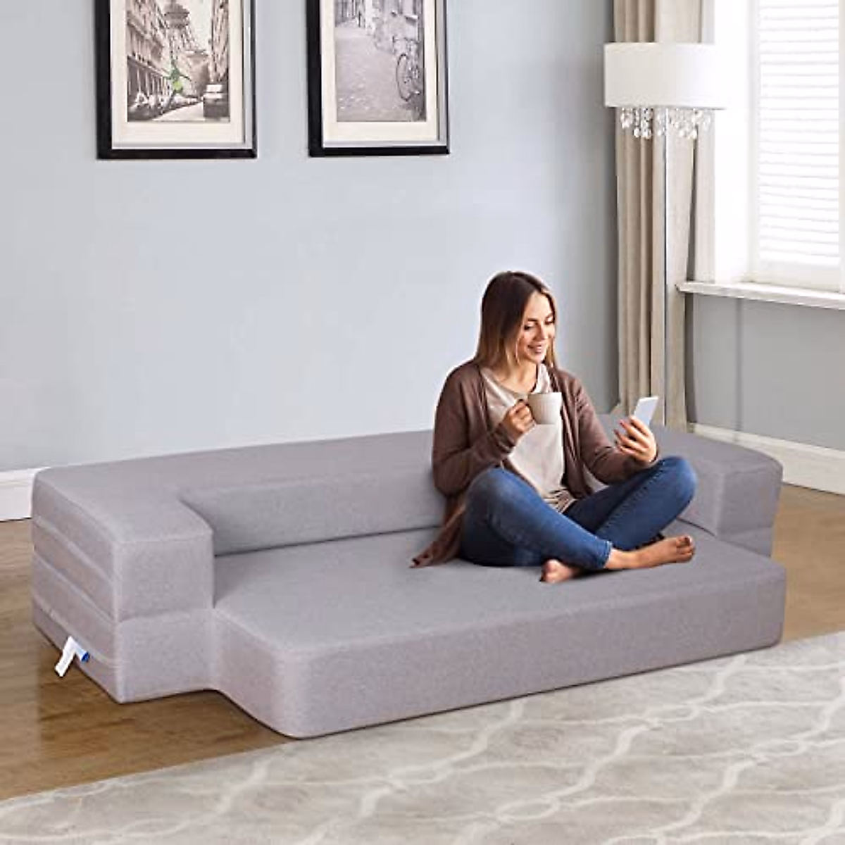 HonTop 8 Inch Folding Sofa Bed Queen Size Memory Foam Couch Convertible Futon Sleeper Foam Bed for Bedroom Living Room Guest, Light Grey