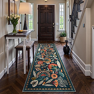 Zealude Egypt Floral Green Kitchen Runner Rug, 2'6''x8' Washable Boho Hallway Bathroom Rug Runner, Non Slip Botanical Vintage Throw Carpet Runner for Living Laundry Room Entry (Dark Green,2'6''x8')