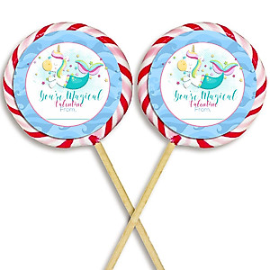 Magical Mermaid Unicorn Valentine Party Favor Sticker Labels, 40 2" Party Circle Stickers by AmandaCreation, Great for Classroom Valentines, Envelope Seals, Gifts & Treats