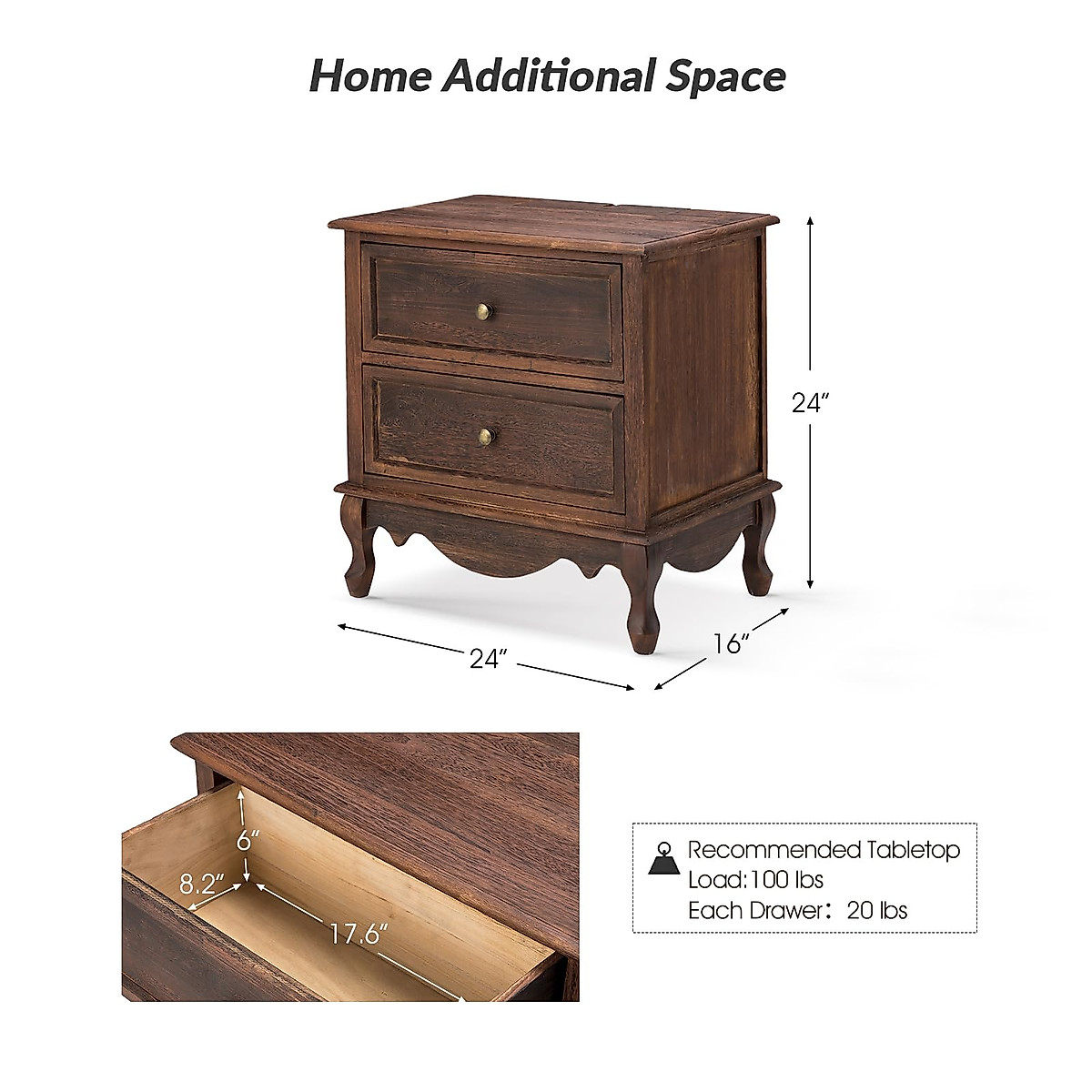 HULALA HOME Wood Nightstand with Charging Station Space, Bedside Table 2 Drawer Dresser with Drawer and Wooden Legs, French Storage End Table for Bedroom Living Room，Walnut