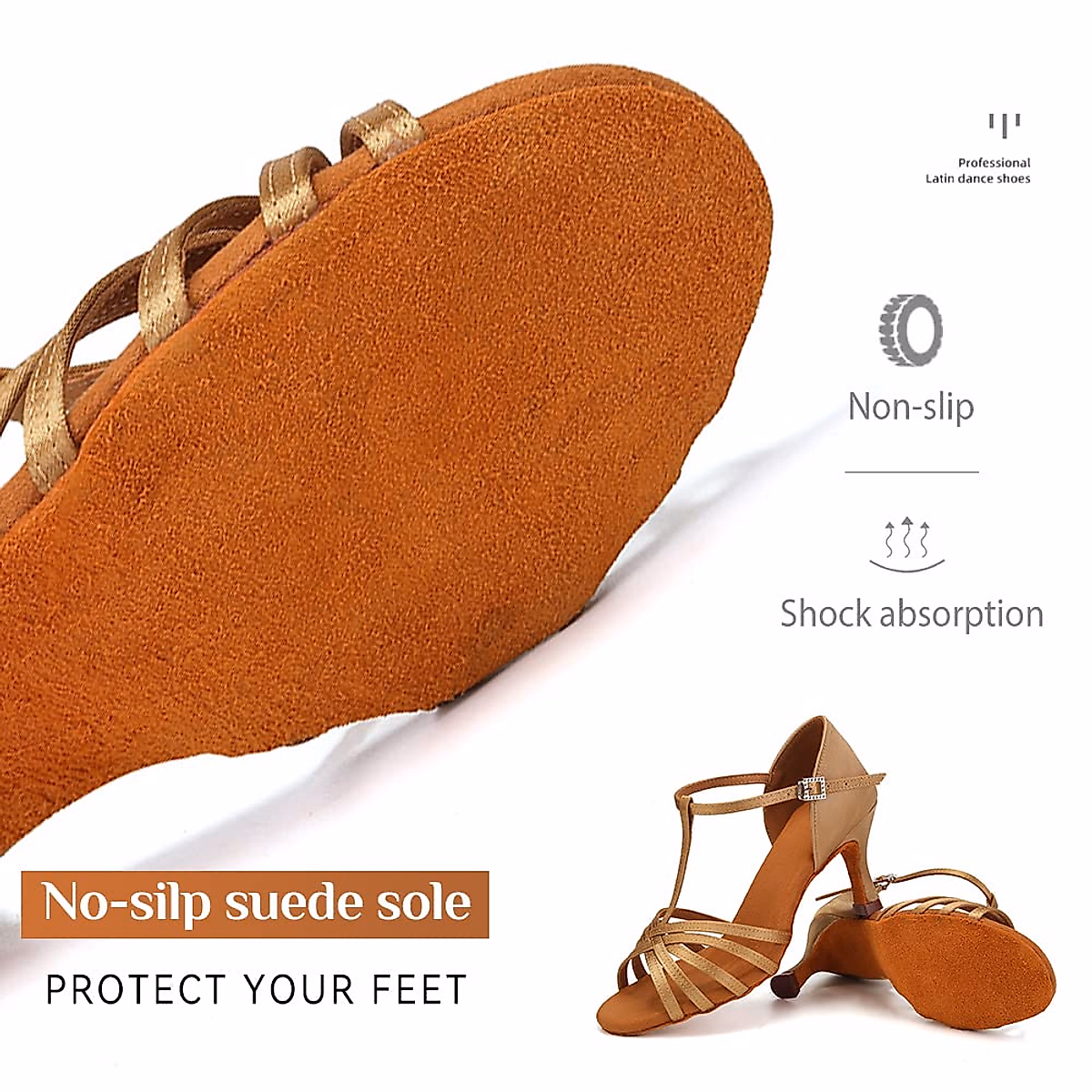 JUODVMP Women Latin Dance Shoes Beige Satin Ballroom Performance Salsa Tango Practice Dance Shoes 3inch High Heel Model WX217, 8 US