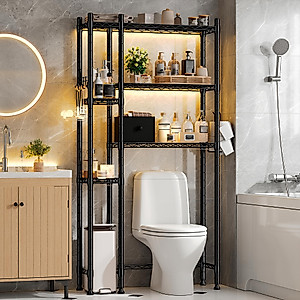 REIBII Over The Toilet Storage Cabinet, 6 Tier Over The Toilet Shelf with Adjustable Feet, Bathroom Over Toilet Storage with 4 Hooks & 2 Paper Holders, Black