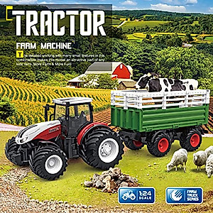 fisca Remote Control Tractor Toy RC Farm Tractor Set with Trailer Front Forklift, 1/24 Scale 2.4Ghz Electronic Tractor Farm Truck Vehicle Toy with Light for Kids Age 6, 7, 8, 9 and Up Years Old