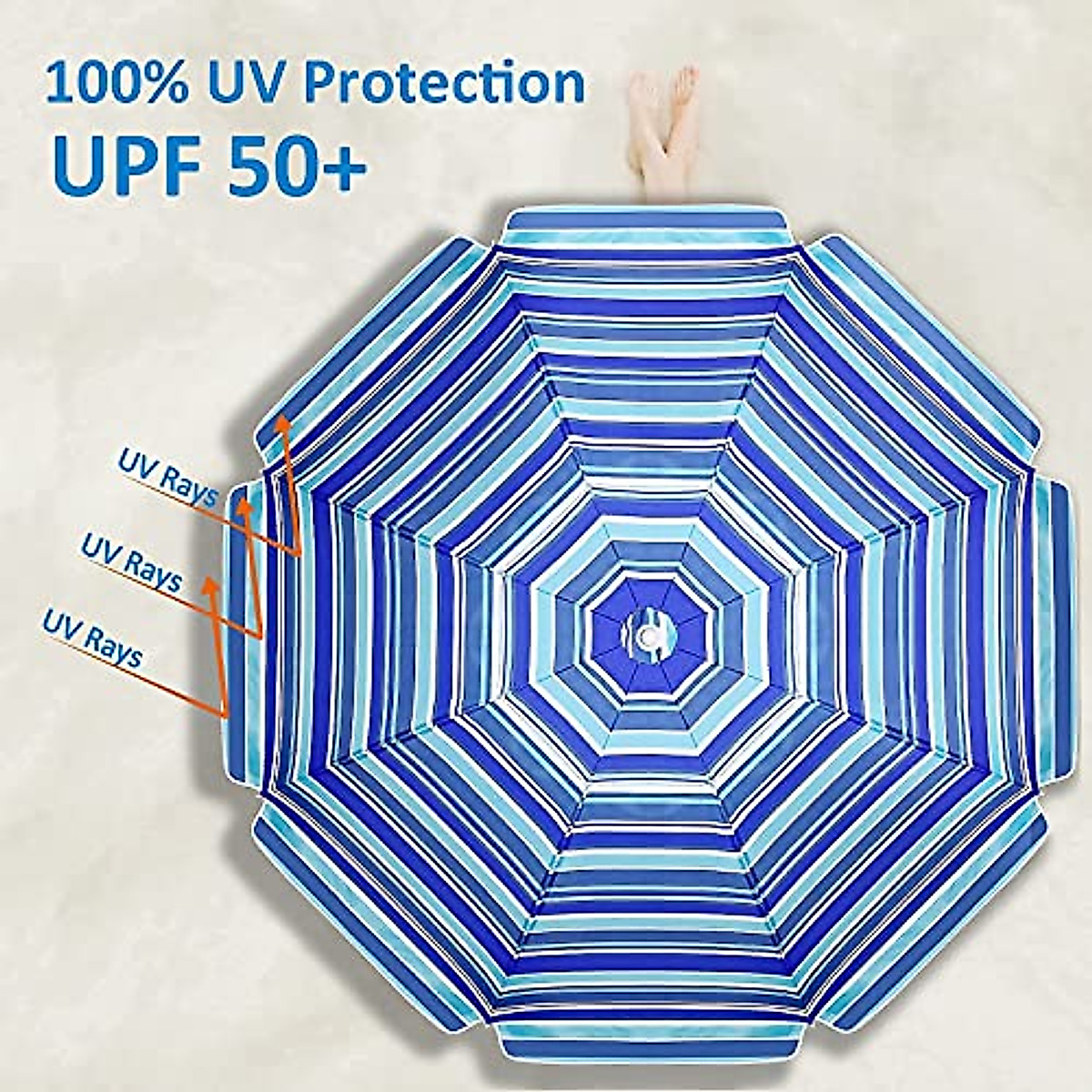 Beach Umbrella,LUHAHALU 7.5FT Beach Umbrellas for Sand Heavy Duty Wind Portable, UPF 50+ Sun Shelter with Tilt Sand Anchor and Carry Bag, Sunshade Umbrella for Patio Outdoor Garden Beach(Silver Coated Blue Striped)