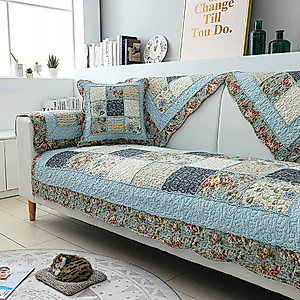 vctops Boho Cotton Patchwork Sofa/Couch Covers Sectional Couch Covers Anti-Slip Sofa Slipcover for Dogs Cats Pet Love Seat Recliner Leather L Shaped, Armrest Backrest Cover (Blue,43"x43")