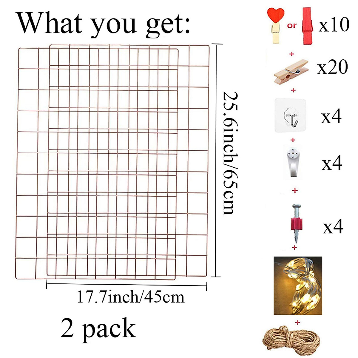 GBYAN Wall Grid 2 Pack Wire Photo Grid Panels Metal Picture Rack Wall Organizer for Memo, Photo Display, 25.6" x17.7 Each Grid Panel