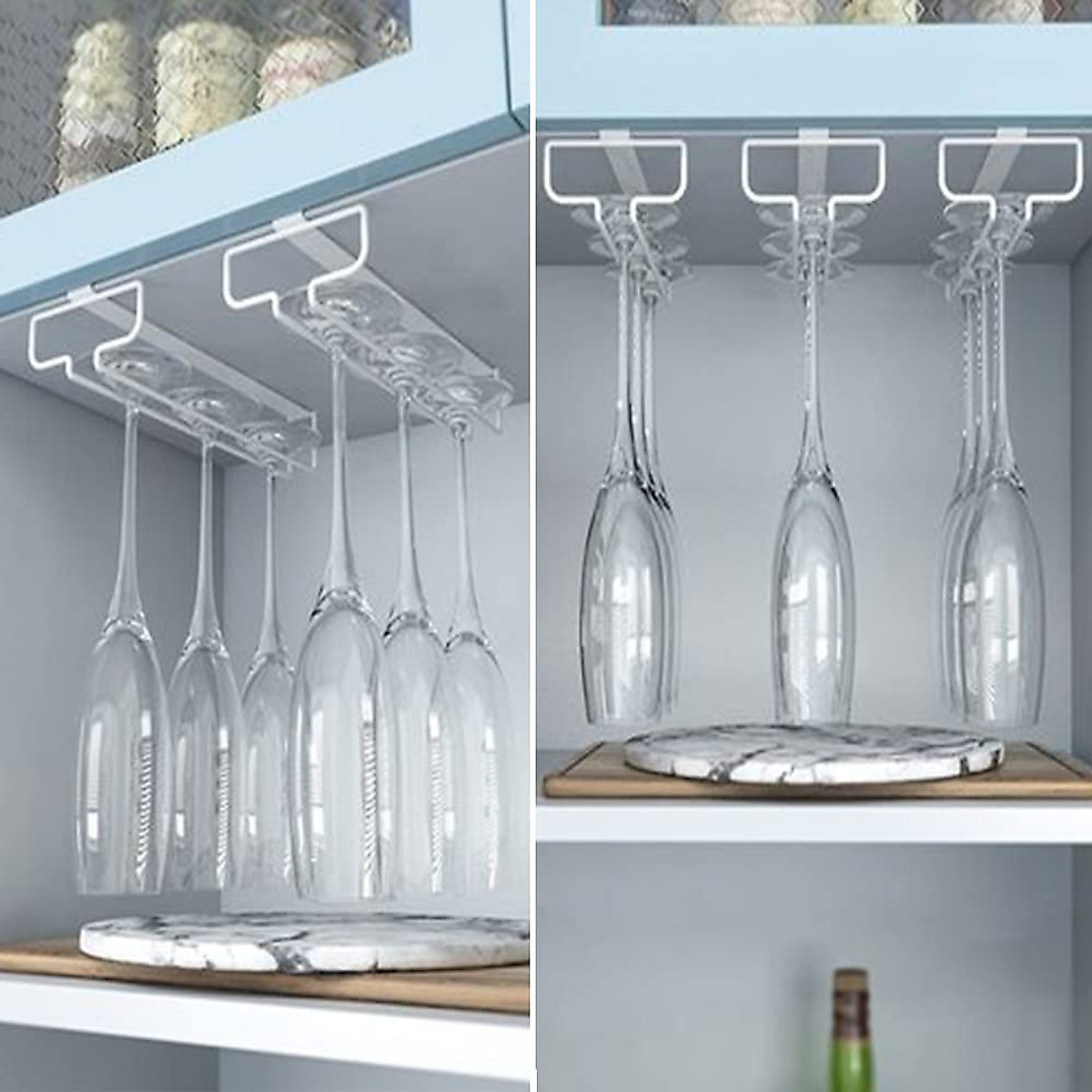 LINFIDITE Wine Glass Rack Under Cabinet No Drilling Stemware Rack Hanger Wine Glass Holder Kitchen Hanging Glass Storage Rack Organizer,White