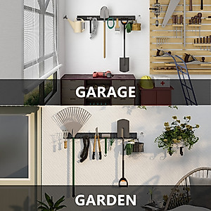 Yimeka Garage Wall Mount Storage Power Tool Organizer, 15 Piece Garden Tool Rack with 12 Adjustable Heavy Duty Storage Hooks, 48" Ladder Hanger, Max Load 300 lbs Shovel Rack Storage System for Yards