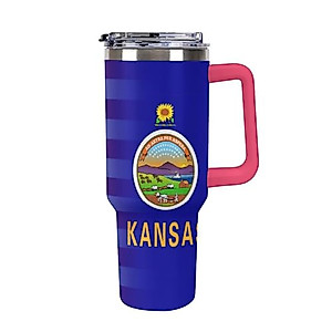 U.S.A Kansas State Flag 40oz Water Bottle Double Wall Insulated Tumbler with Handle Leakproof Travel Mug Light Rose Red-style