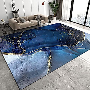 Luxury Geometric Blue Gold Water Ripple Area Rug, with Non-Slip Backing Easy Maintenance Bedroom Rug for Home Office Living Room Bedroom Kitchen Soft Area Rug-2x3ft