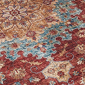 ReaLife Machine Washable Rug - Stain Resistant, Non-Shed - Eco-Friendly, Non-Slip, Family & Pet Friendly - Premium Recycled Fibers - Distressed Vintage Medallion - Brick Red, Blue, Beige, 3' x 5'