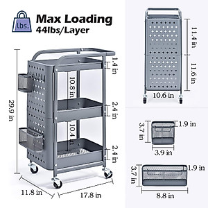 KINGRACK 3-Tier Rolling Cart, Metal Utility Cart with Pegboard, Storage Trolley Organizer Serving Cart with Handle and Extra Baskets Hooks for Kitchen Office Teacher Classroom, Grey