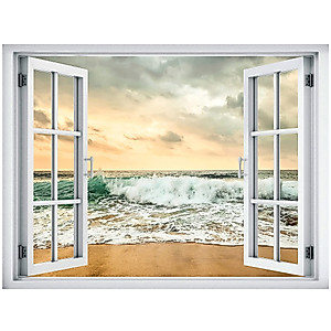 SIGNWIN Removable Wall Sticker/Wall Mural Window View Beach Wave Sunset Seascape Nature Wilderness Photography Realism Decorative Landscape Digital Art for Living Room, Bedroom, Office - 36"x48"